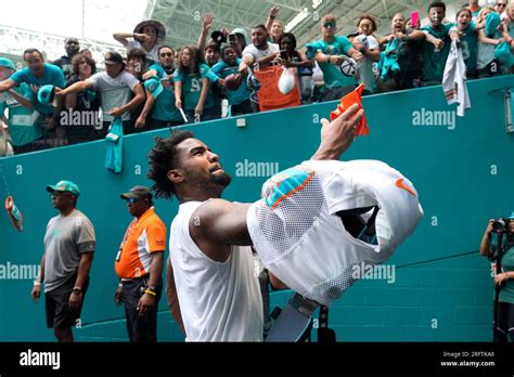 Miami Dolphins Wide Receiver Jaylen Waddle Gestures To Cheering Fans