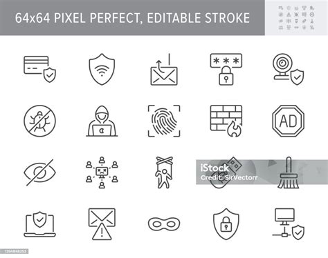 사이버 보안 라인 아이콘입니다 벡터 일러스트는 아이콘을 포함 Ddos 이메일 악성 코드 해커 지문 방패 컴퓨터 안전을위한 피싱 윤곽 그림 64x64 픽셀 완벽 편집 가능한