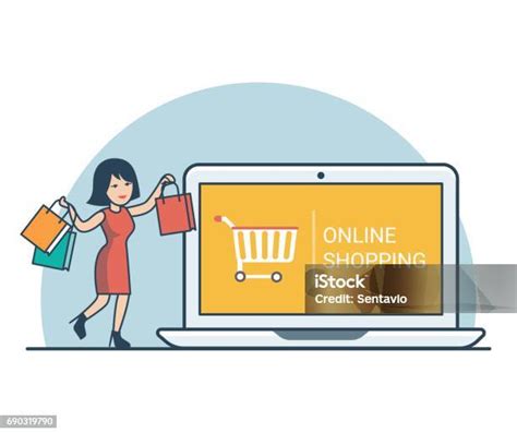 거 대 한 노트북 벡터 일러스트 레이 션 근처 구매 가방 선형 평면 행복 한 여자 온라인 쇼핑 개념입니다 가방에 대한 스톡 벡터 아트 및 기타 이미지 Istock
