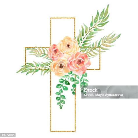 수채화 부활절 십자가 클립 아트 봄 꽃꽂이 침례 십자가 Diy 초대장 녹지 부활절 클립 아트 골든 프레임 모란 꽃과 단풍 성령 종교 손으로 그린 십자가에 대한 스톡 벡터