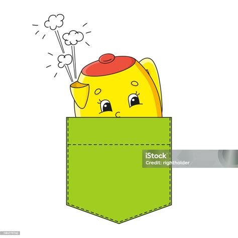 셔츠 포켓에 노란색 주전자 귀여운 캐릭터 다채로운 벡터 일러스트레이션입니다 만화 스타일입니다 흰색 배경에 격리 디자인 요소입니다 셔츠 서적 스티커 카드 포스터용 템플릿 가정