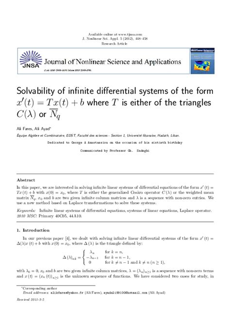 Pdf Solvability Of Infinite Differential Systems Of The Form X′ttxtb Where T Is Either