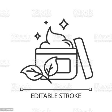 내츄럴 페이스 크림 항아리 선형 아이콘입니다 스킨케어 제품 화학 물질이 없습니다 피부 치료 유기 화장품 가는 선 그림입니다 등고선 기호입니다 벡터 절연 윤곽선 도면 편집