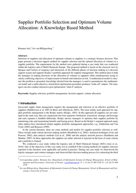 Pdf Supplier Portfolio Selection And Optimum Volume Allocation A Knowledge Based Method