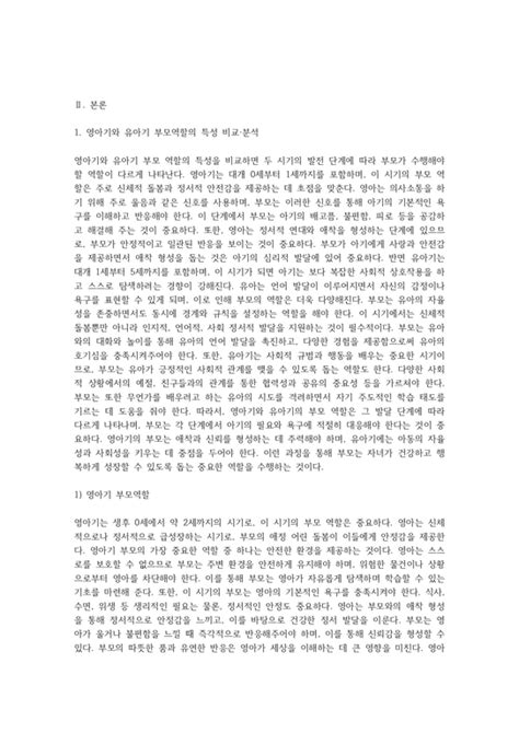 영아기와 유아기 부모역할의 특성을 비교분석하고 바람직한 영유아기 부모의 역할에 대해 개인의 견해를 기술하세요 인문교육