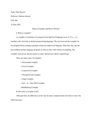 CSC200 Review Sheet Exam 1 Computer Basic Components Memory I O