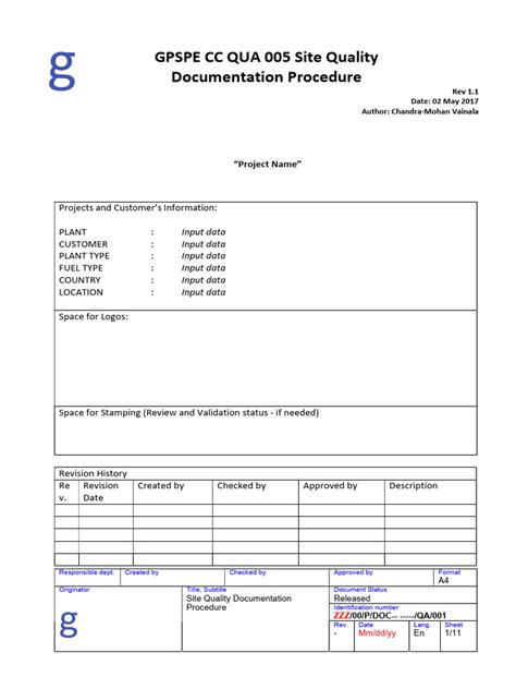154 Gpspe Cc Qua 005 Template Site Quality Documentation Procedure