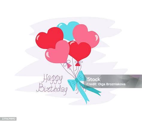 하트 모양의 풍선을 날립니다 비문 생일 축하합니다 풍선 묶음 활 결혼식 생일 발렌타인 데이를 위한 축제 엽서 디자인 벡터 일러스트 레이 션 감정에 대한 스톡 벡터 아트 및