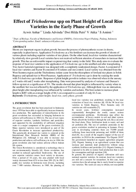 Pdf Effect Of Trichoderma Spp On Plant Height Of Local Rice Varieties In The Early Phase Of Growth