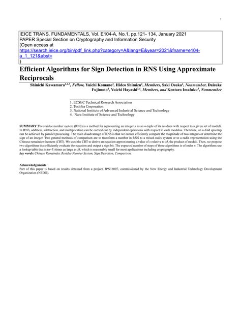 pdf efficient algorithms for sign detection in rns using approximate reciprocals