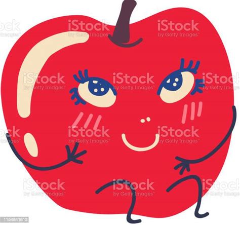 웃는 얼굴 달콤한 사랑 스러운 재미 있는 과일 만화 문자 벡터 일러스트 레이 션과 귀여운 빨간 사과 건강한 식생활에 대한 스톡 벡터 아트 및 기타 이미지 Istock