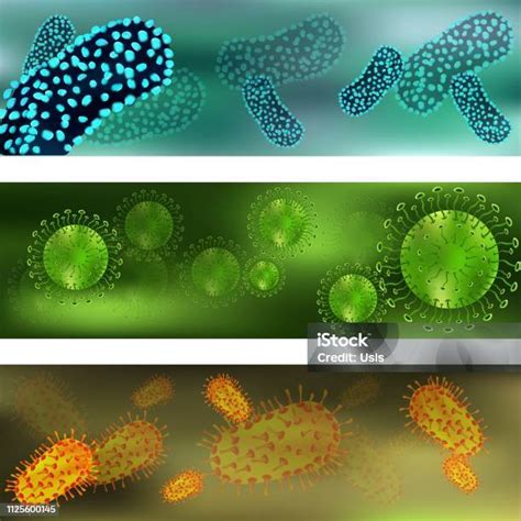 바이러스와 박테리아의 세트로 배너 바이러스 그리고 박테리아는 현미경입니다 세균성 바이러스 미생물 세포입니다 감기 급성 호흡기 감염 Sars 독감 벡터 일러스트 레이 션