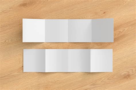 스퀘어 더블 게이트 접이식 브로셔 패널 4개 8페이지 빈 전단지 프리젠 테이션 디자인에 대한 나무 배경에 조롱 전면 및 후면 0