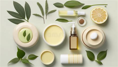 Flat Layout Of Ecologic Cosmetics Over Light Green Background Stock Illustration Illustration