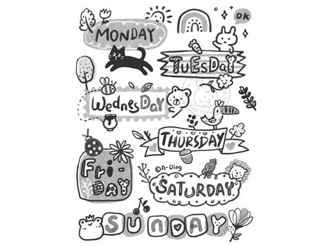 黑白手账素材 今天是周几 简笔画星期日期 绿瓷叮叮 站酷zcool