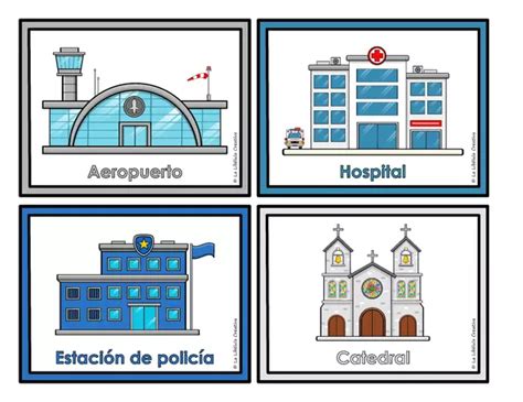 Tarjetas Ilustrativas Ciudad Lugares Edificios Español Recortar Color Profe Social