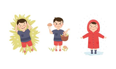 일상 활동 세트에서 귀여운 어린 소년 녹색 잔디밭에 누워 웃는 아이 버섯을 따고 비옷을 입고 비옷을 입고 걷는 아이 벡터 일러스트 레이 션 계절에 대한 스톡 벡터 아트 및