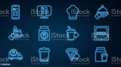 온라인 주문 및 배달 피자 골판지 상자 요리사 모자 커피 컵 및 카페 레스토랑 위치 아이콘을 설정합니다 벡터 개념에 대한 스톡 벡터 아트 및 기타 이미지 Istock