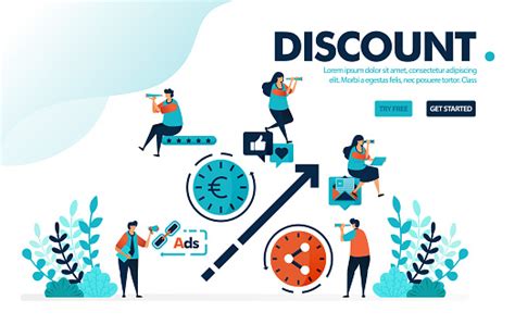 벡터 일러스트 할인 시스템 사람들은 할인을 얻기 위해 공유 프로모션 및 광고와 마케팅 방법 방문 페이지 웹 배너 템플릿 배경 전단지 Ui 포스터를 위해 설계되었습니다 가격에