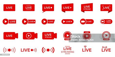 라이브 스트림 사인 세트 온라인 뉴스 쇼 채널 텔레비전 라이브 스트림 라인 아이콘 온라인 방송 버튼 픽토그램 라이브 스트림의 빨간색 기호입니다 격리된 벡터 일러스트레이션