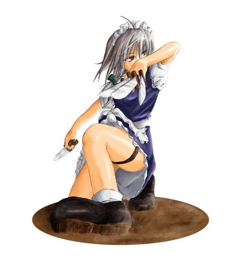 Izayoi Sakuya Touhou 1girl Apron Braid Dagger Dress Female Focus Foreshortening Frilled