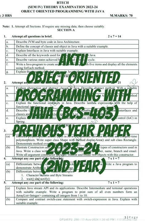 Aktu Oops With Java Bcs 403 2023 24 Previous Year Paper Shorts