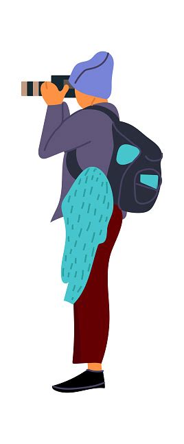 사진사 만화 파파라치 촬영 사진 남자 촬영 사진의 측면 보기 전문 카메라로 사진 촬영 캐주얼 한 옷의 벡터 문자 는 스냅 샷을