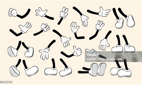 만화 손과 다리 컬렉션입니다 귀여운 복고풍 애니메이션 하얀 발과 장갑 캐릭터 신체 부위 추상적이고 단순한 재미있는 사람 제스처 벡터 만화 세트 팔 신체 부분에 대한 스톡