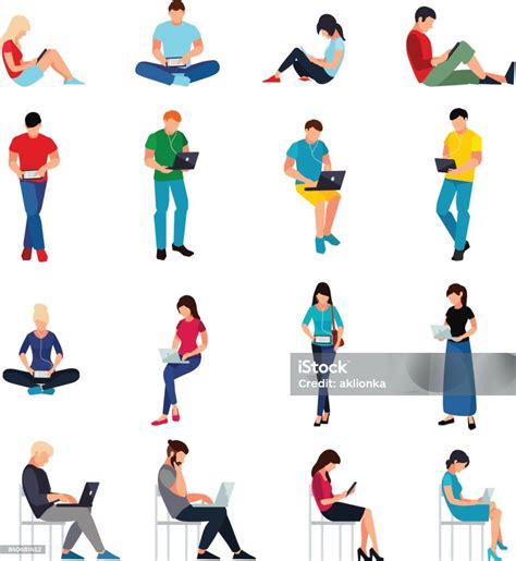흰색 배경에 고립 된 평면 스타일에 젊은 사람들의 집합입니다 휴식에 대한 스톡 벡터 아트 및 기타 이미지 휴식 서 있기 여자 Istock