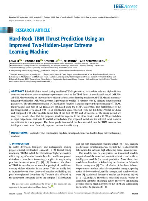 Pdf Hard Rock Tbm Thrust Prediction Using An Improved Two Hidden Layer Extreme Learning Machine