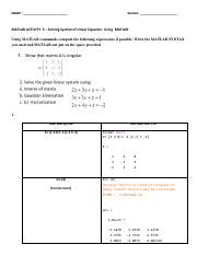 MATLAB ACTIVITY 3 Pdf NAME Section MATLAB ACTIVITY 3 Solving System Of Linear Equation