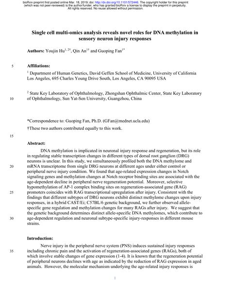 Pdf Single Cell Multi Omics Analysis Reveals Novel Roles For Dna Methylation In Sensory Neuron