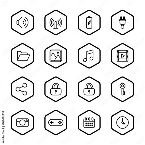 Black Line Web Icon Set With Hexagon Frame For Web Design User