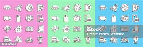 세트 라인 카페 와 레스토랑 위치 온라인 주문 배달 도넛 자동차로 빠른 핫도그 샌드위치와 아이콘 벡터 슬라이스에 대한 스톡 벡터 아트 및 기타 이미지 Istock