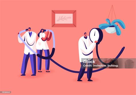 동맥 혈압의 측정 심장 질환 개념 수축기 및 확장기 압력을 검사하기위한 거대한 의료 기기 토노미터를 들고있는 작은 의사 만화 플랫 벡터 일러스트 간호사에 대한 스톡 벡터