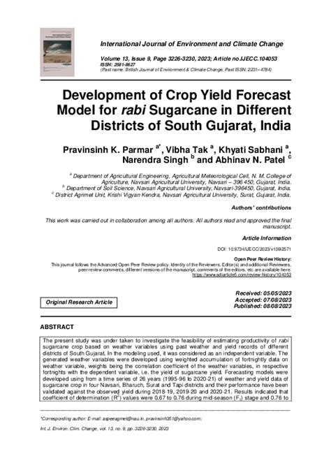 Pdf Development Of Crop Yield Forecast Model For Rabi Sugarcane In