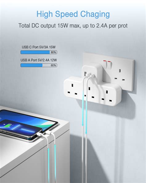 Tessan Multi Plug Extension With Usb Type C Power Socket Extension Plug Wall Charger Usb Adapter