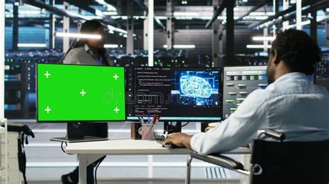 Data Center Worker With Paraplegia Using Node Trees On Green Screen Pc Stock Video Video Of