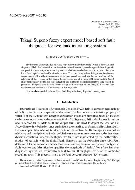 Pdf Takagi Sugeno Fuzzy Expert Model Based Soft Fault Diagnosis For Two Tank Interacting System