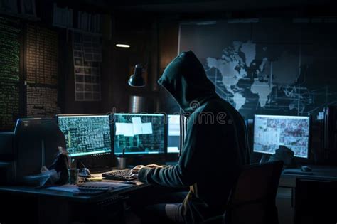 Hacker Dressed In A Hoodie Sitting In A Dark Room Surrounded By
