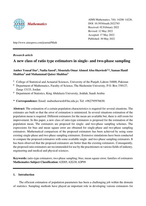 PDF A New Class Of Ratio Type Estimators In Single And Two Phase Sampling