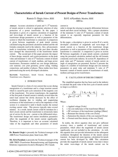 Characteristics Of Inrush Current Of Present Designs Of Power Transformers Pdf Pdf
