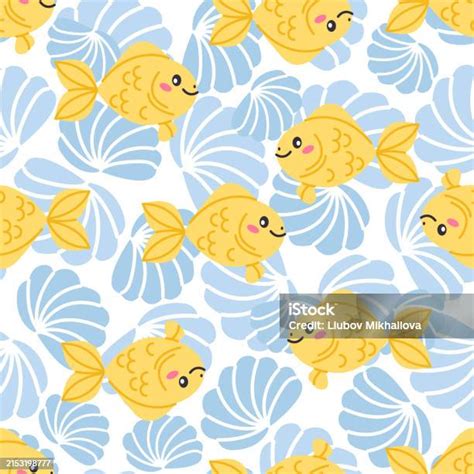 여름 벡터 완벽 한 패턴 와 푸른 껍질 와 밝은 노란색 바다 물고기 공휴일에 대한 스톡 벡터 아트 및 기타 이미지 공휴일 귀여운 그래픽 프린트 Istock