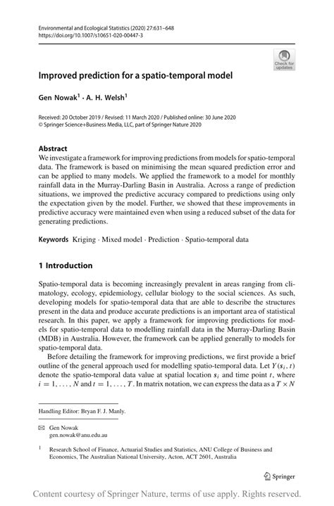 Improved Prediction For A Spatio Temporal Model
