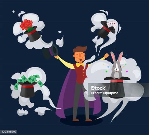 서커스 트릭 성능 판타지 쇼 벡터 일러스트에 마술사 마법사 남자 환상 매직 도구 모자 토끼 미스터리 마법의 동화 재미있는 엔터테인먼트 서커스 오락 행사에 대한 스톡 벡터