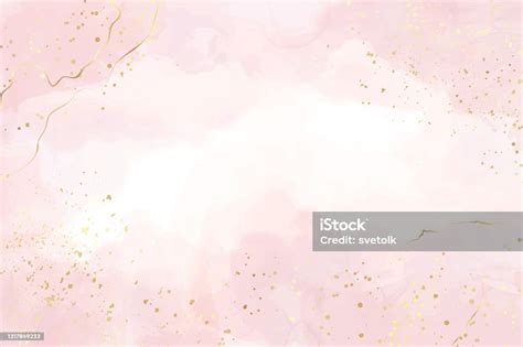 금 얼룩과 선이있는 추상먼지 홍당무 액체 수채화 배경 파스텔 장미 대리석 알코올 잉크 그리기 효과와 황금 호일 먼지 웨딩 비침을 위한 벡터 일러스트 디자인 분홍에 대한 스톡