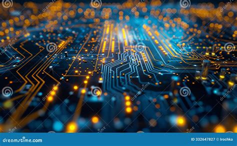 Futuristic Circuit Board Illuminated In Vibrant Blue And Orange Hues Stock Illustration