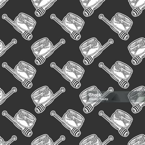 나무 숟가락 냄비에 꿀 낙서 및 스케치 스타일의 벡터 개념입니다 티셔츠 엽서에 인쇄하기 위한 손으로 그린 일러스트레이션 섬유 종이 랩을위한 원활한 패턴 0명에 대한 스톡