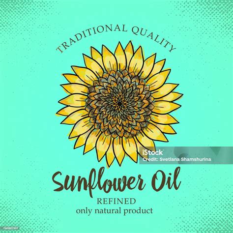 정제 된 해바라기 기름에 대한 라벨 디자인 템플릿 해바라기 기름 해바라기 포장 천연 화장품 건강 관리 제품에 대한 청록색 배경에