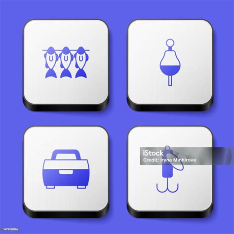 말린 생선 낚시 플로트 낚시 장비 및 미끼 아이콘을위한 케이스 또는 상자를 설정합니다 흰색 사각형 버튼 벡터 강에 대한 스톡 벡터 아트 및 기타 이미지 Istock